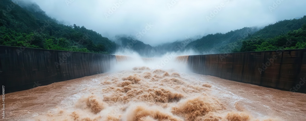 A river swollen by flash floods crashing against a dam, threatening to ...