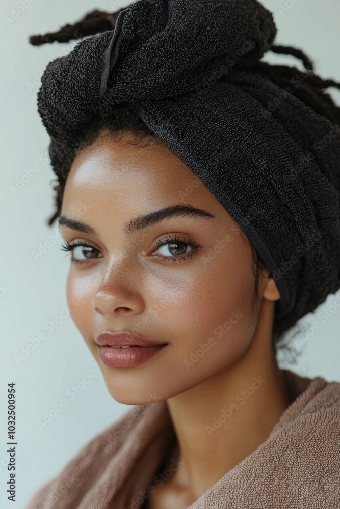 Elegant woman with dreadlocks wearing a bath towel against a studio ...