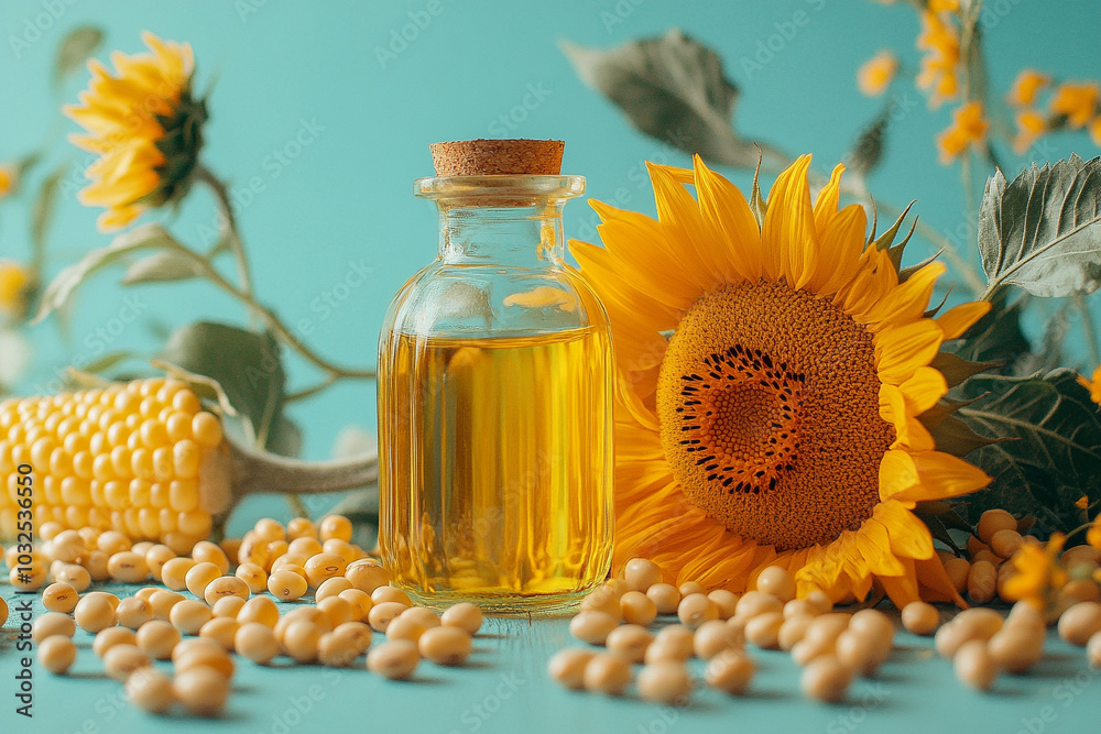 safflower and its oil, sunflower and its oil in a glass bottle ...