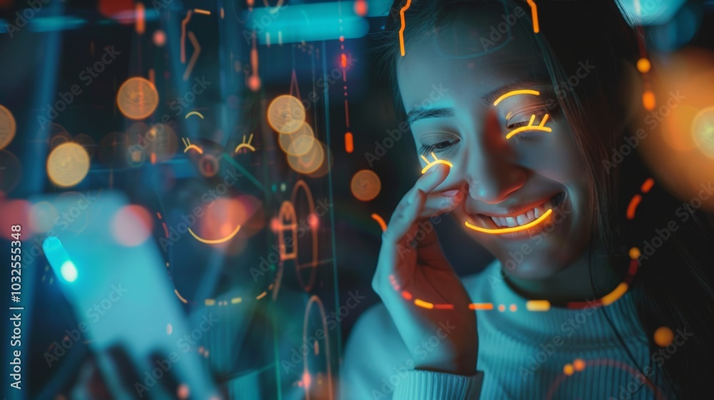 woman touching smartphone screen using smiley face emoticon with IoT ...