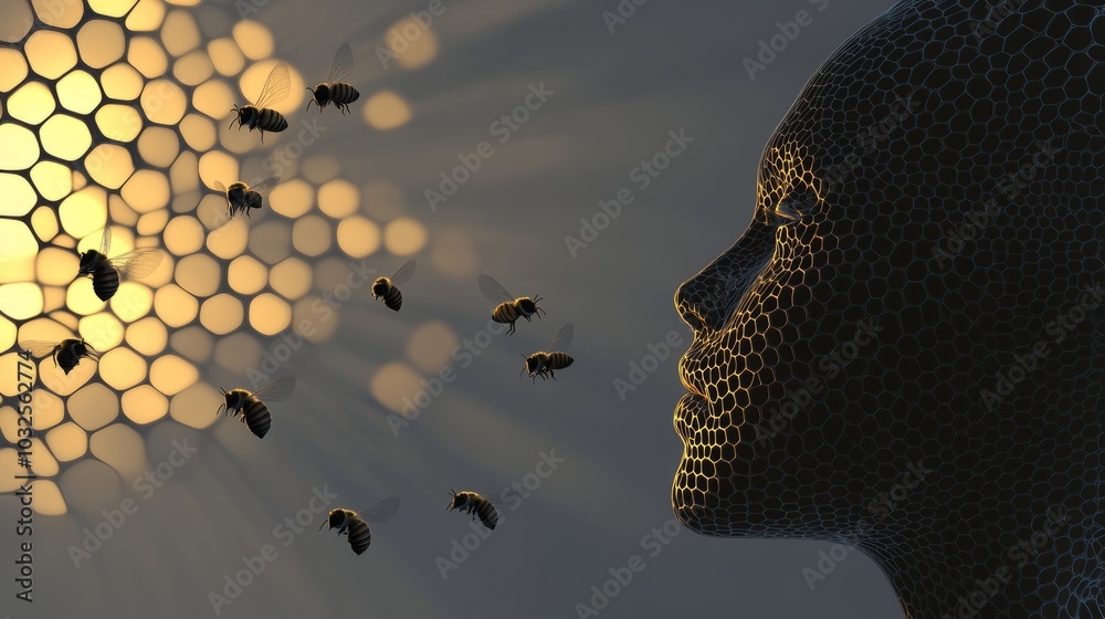 A digital human face with a honeycomb pattern is surrounded by bees ...