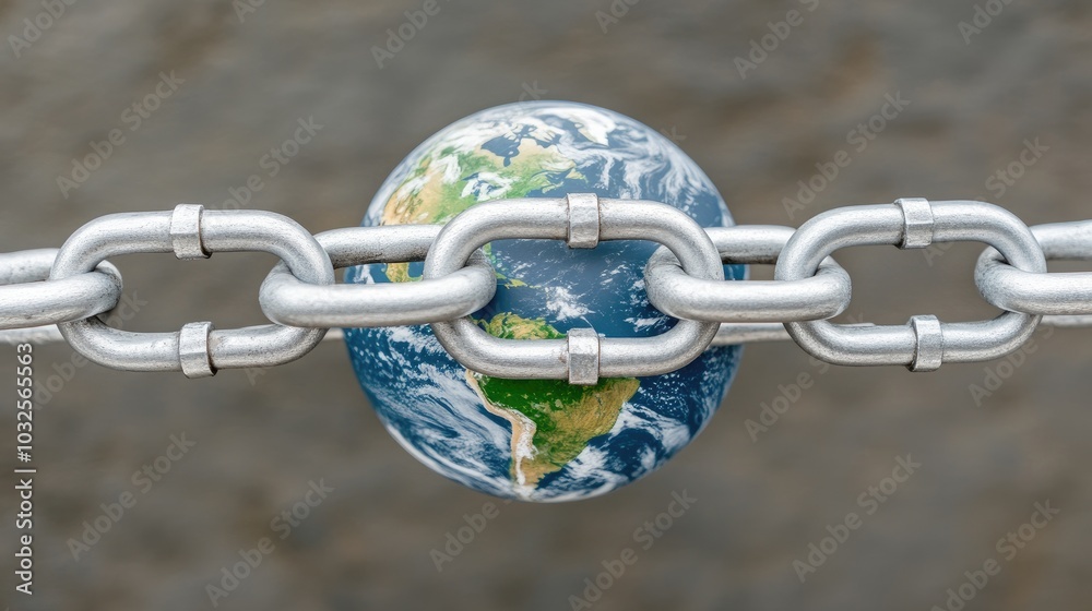 A globe ensnared in chains symbolizes the struggles of Earth in a ...