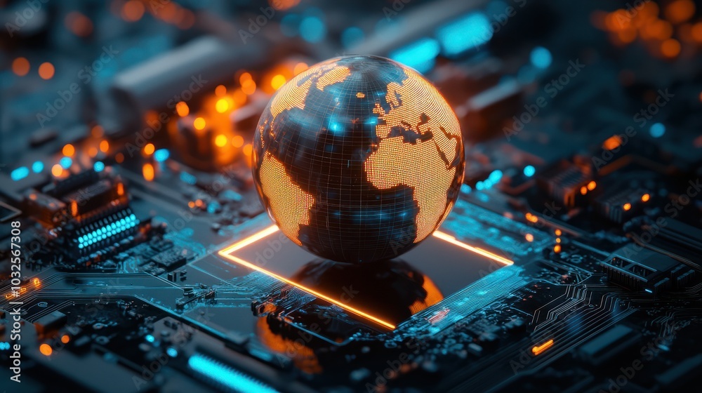 A digital globe with highlighted continents sits on a futuristic ...