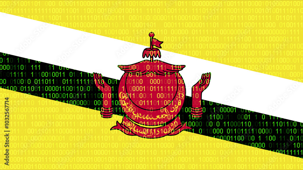 Binary code on flag of Brunei. Program source code or Hacker concept on Bruneian flag. Brunei ...