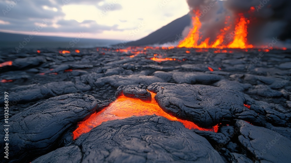 Volcanic Eruption Transforming Landscape - Lava Flow Cooling into ...