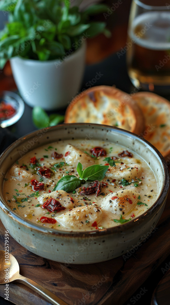 Vertical shot of a Mediterranean restaurant featuring creamy bisque ...