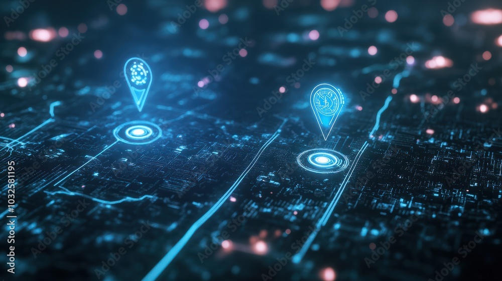 Digital map showing location with two icons representing artificial ...