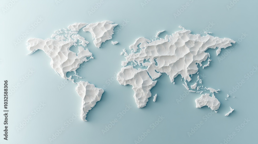 minimalist world map in white against light blue background, perfect ...