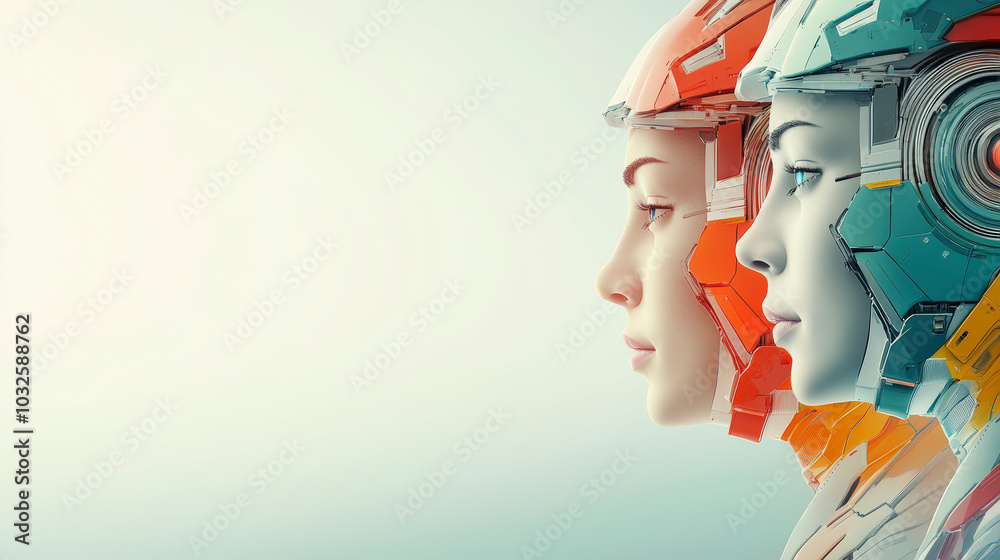 Futuristic humanoid robots lined up, showcasing advanced technology and ...