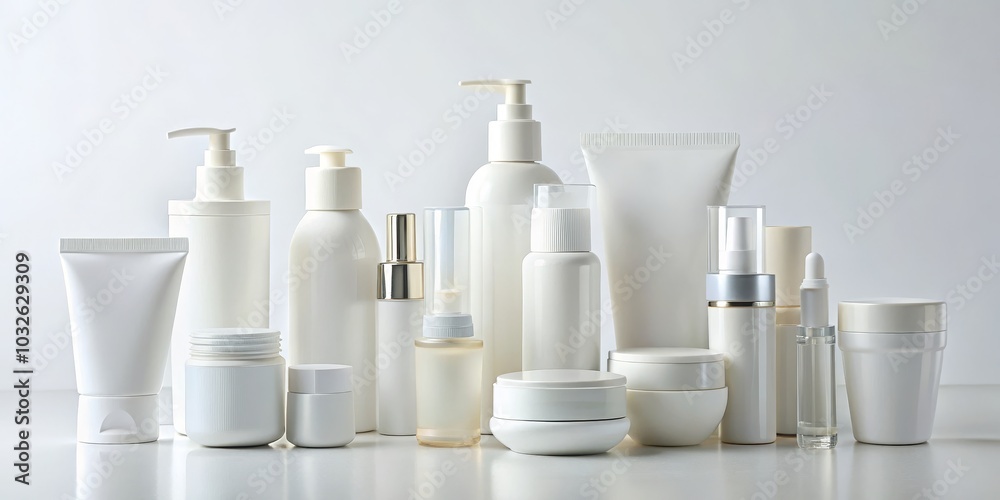 Luxe White Cosmetic Containers Collection on Minimalist Surface ...
