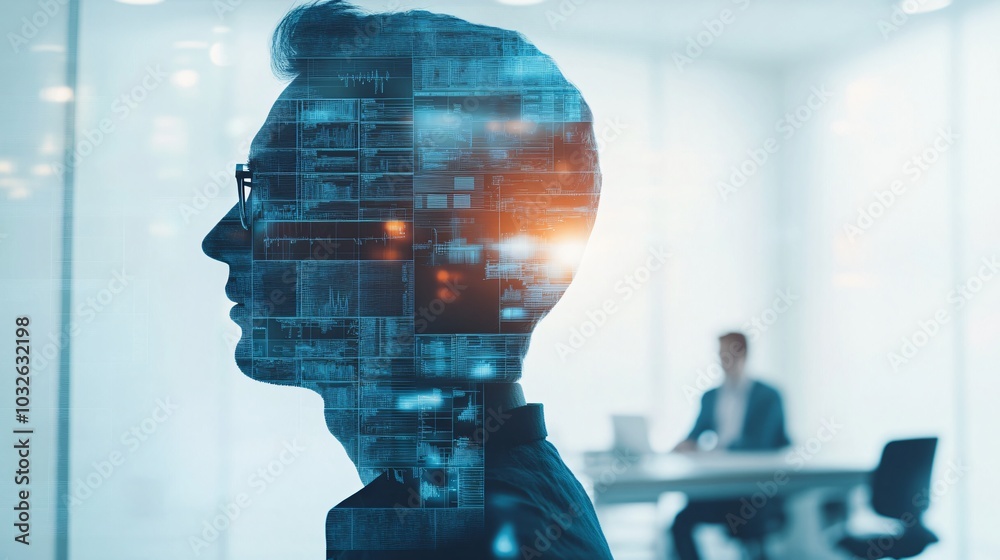 Digital overlay of man's silhouette with data code, representing ...