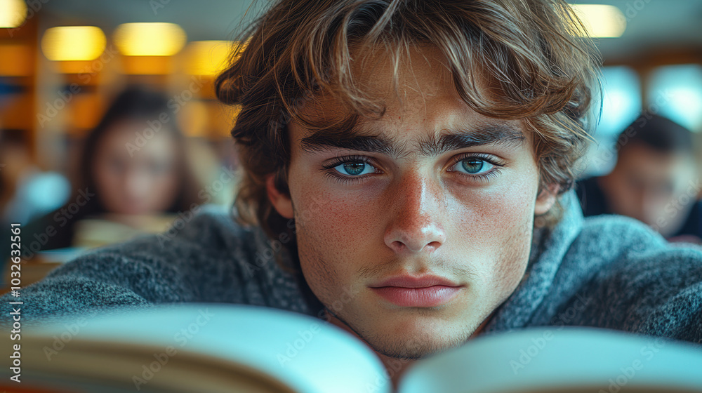 Young man reflecting while studying in a library, highlighting the ...