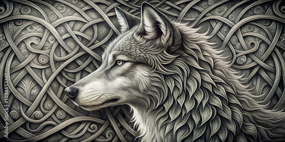Wolf in Intertwined Celtic Knots, digital art, grayscale, mythical ...