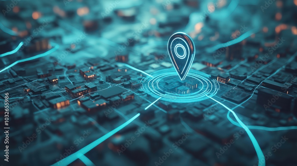 Digital map showing location with two icons representing artificial ...