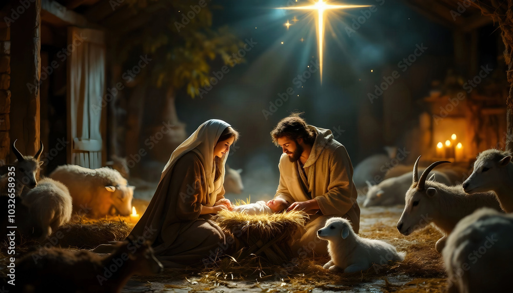 A serene nativity scene featuring Mary, Joseph, and baby Jesus in a ...