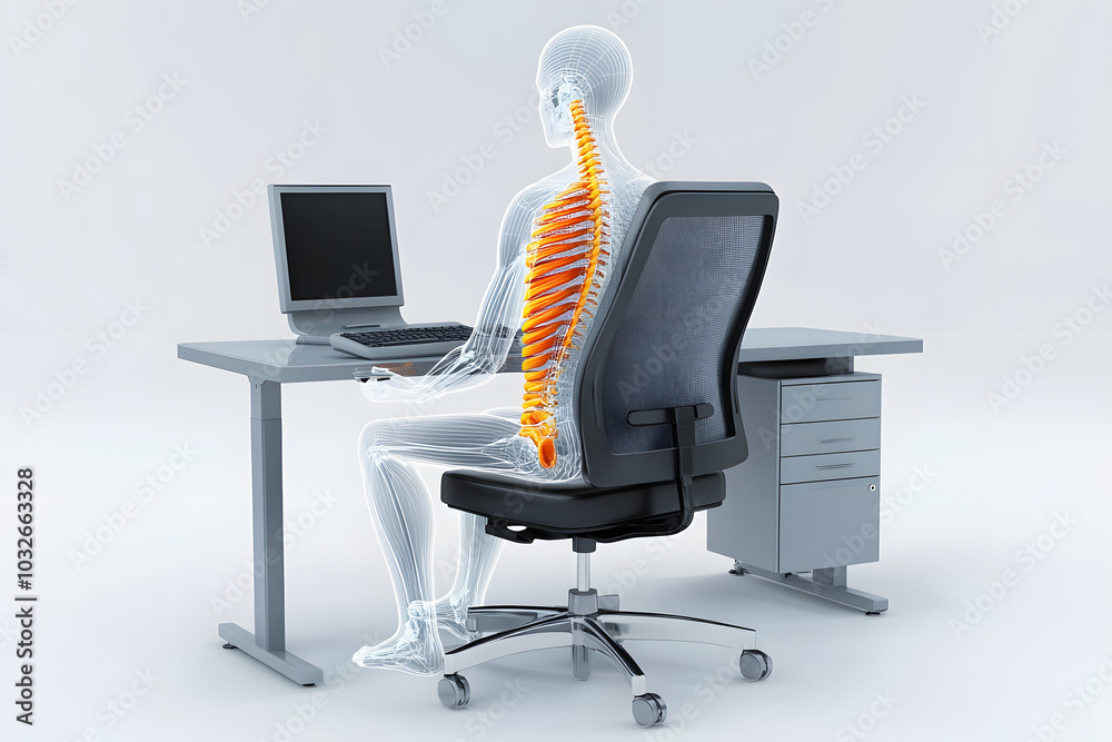 3D illustration of ergonomic office chair supporting human spine ...