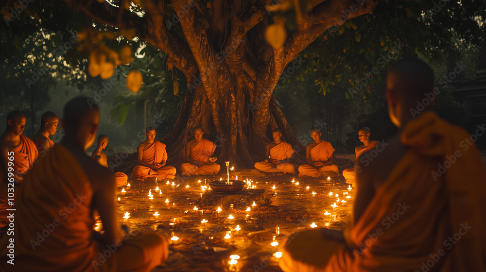 Bodhi Day celebration under the lush Bodhi tree, a group of monks ...