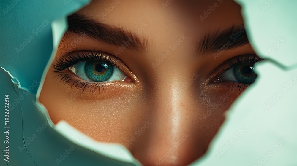 Looking through the hole in the colorful paper is a girl with ...