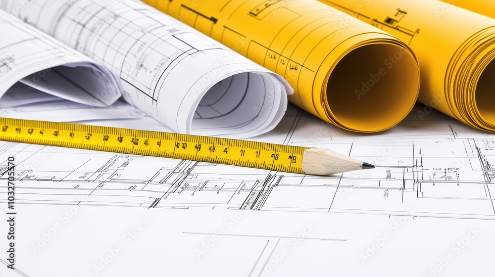 Detailed architectural blueprints and tools for construction plans on a ...