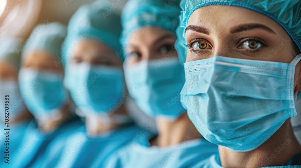 a team of operating room nurses, female doctors in uniforms, masks and ...