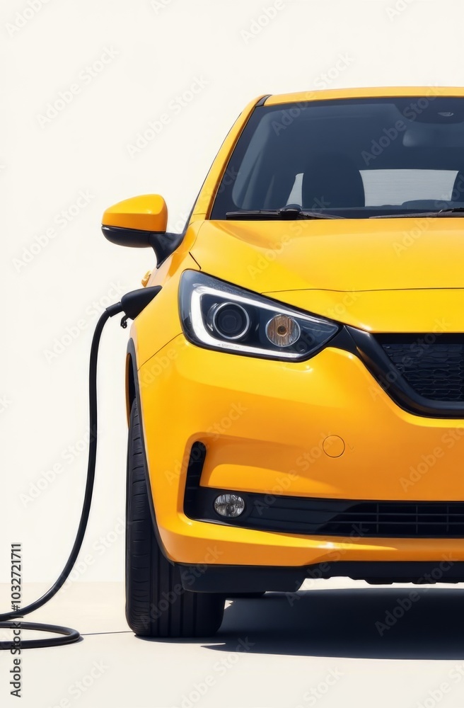 Front view of a yellow electric car charging against a white background ...