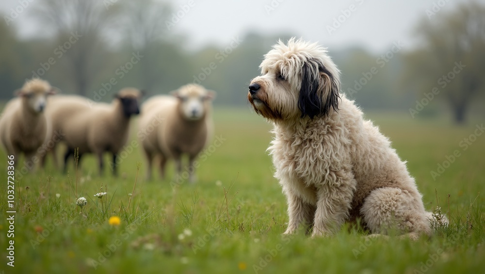 Loyal Old English Sheepdog in lush pasture watching over sheep with ...