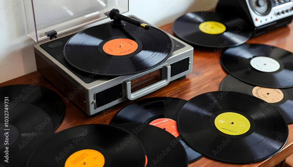 A vintage record player set on a wooden table, surrounded by vinyl ...
