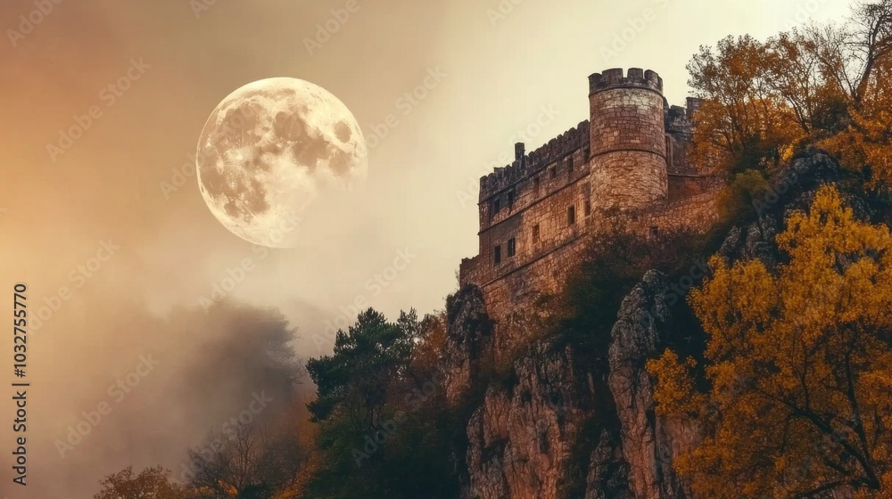 Spooky old medieval castle: Ancient eerie castle on mountain, low ...