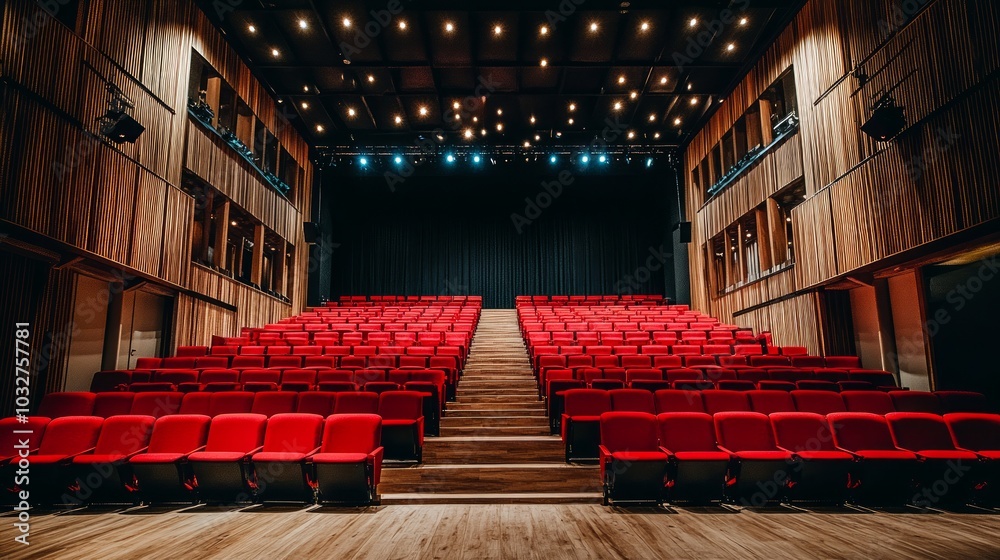Wide angle view of a contemporary auditorium interior, featuring rows ...