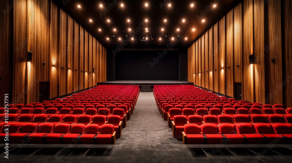 Wide angle view of a contemporary auditorium interior, featuring rows ...