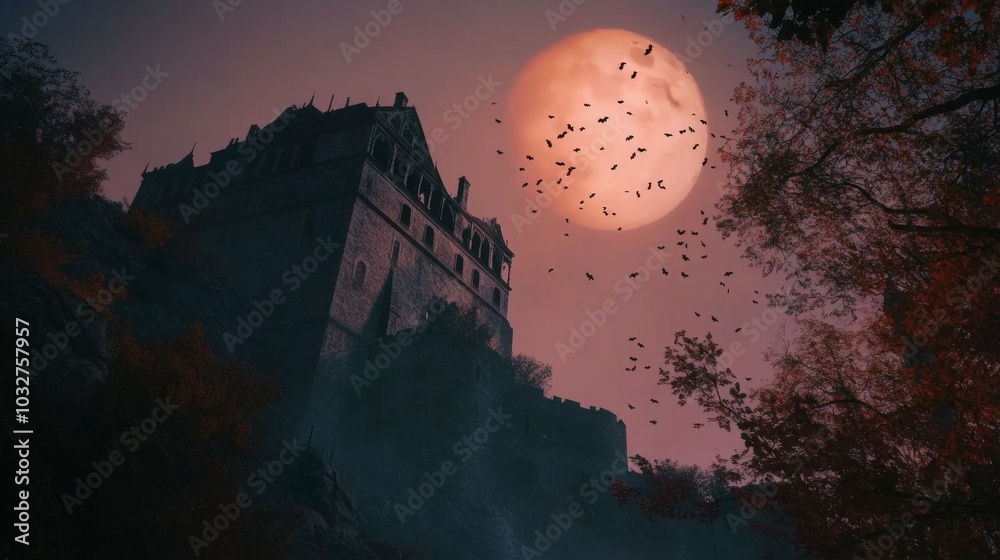 Spooky old medieval castle: Ancient eerie castle on mountain, swarm of ...