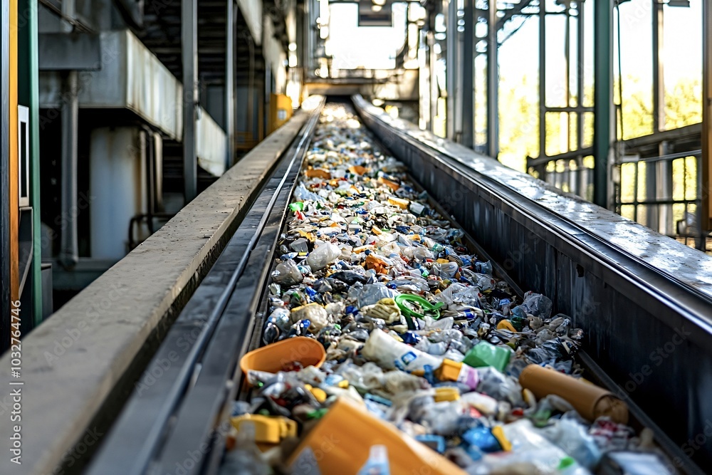 Conveyor belt is transporting mixed plastic waste for recycling at an ...