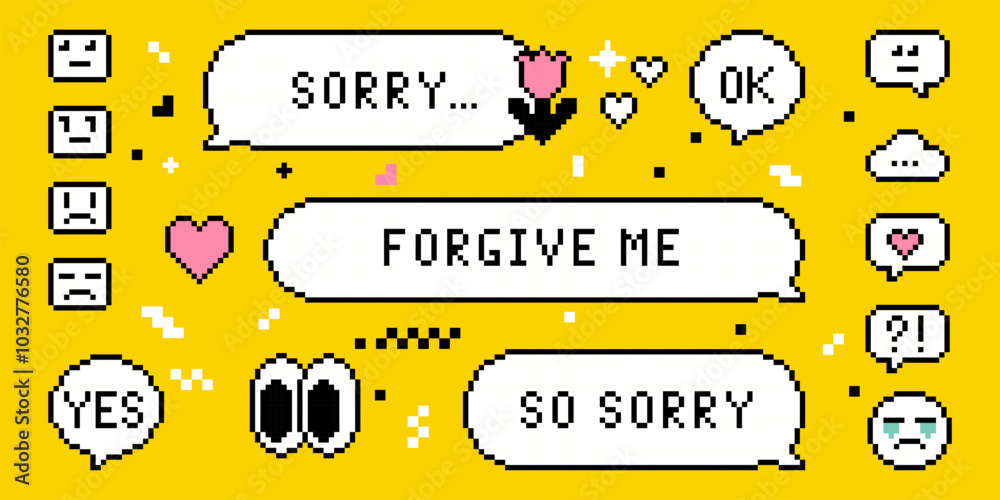 Sorry. Set of speech bubble with text in pixel art. Apologize messages ...