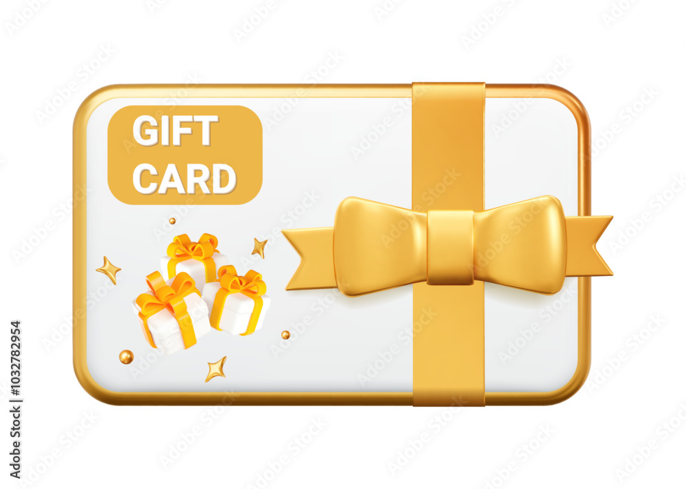 3d white gift card with golden frame and bow. Gift certificate for ...