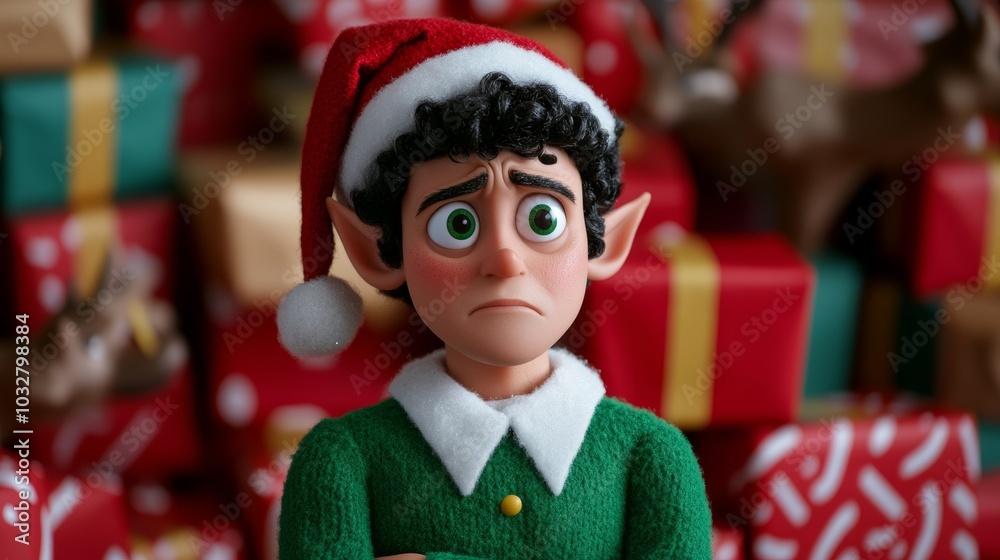 Angry elf stomping his feet in a pile of wrapping paper, glaring at ...