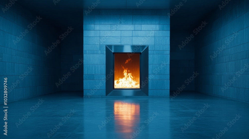 View inside a modern crematory with a furnace door partially open, soft ...
