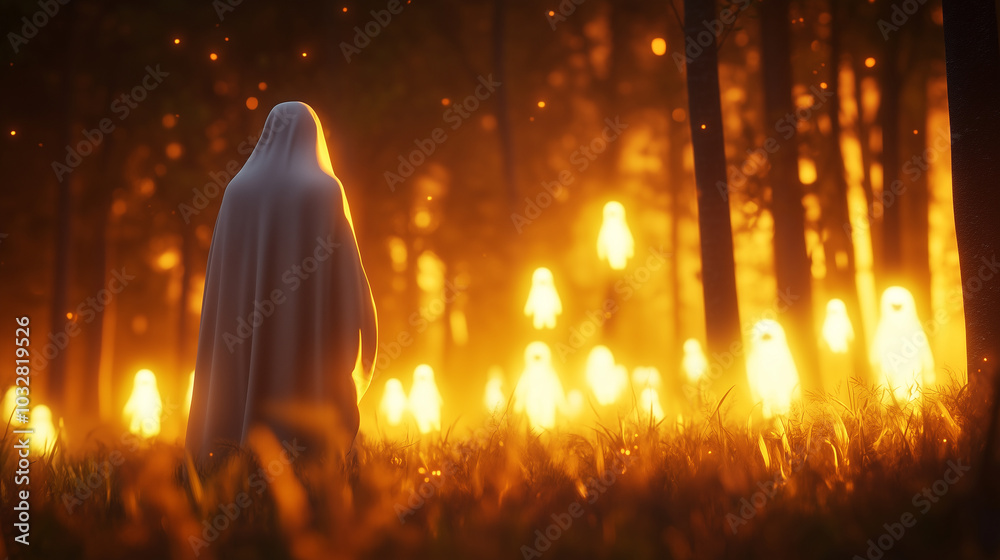 Eerie Floating Ghosts in a Dark Forest with Flames Lighting the Scene A ...