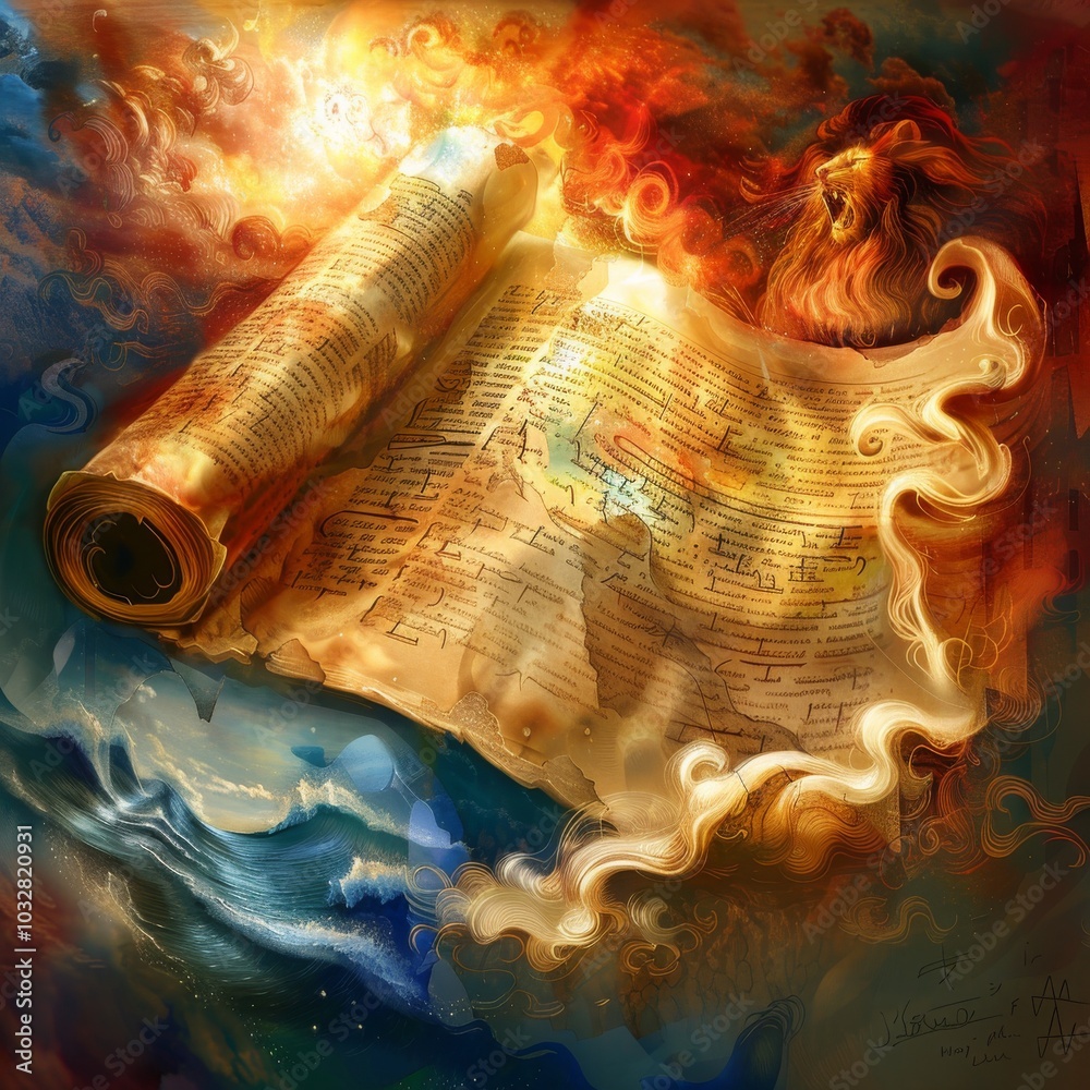 Artistic portrayal of a radiant open scroll parchment showcasing the ...
