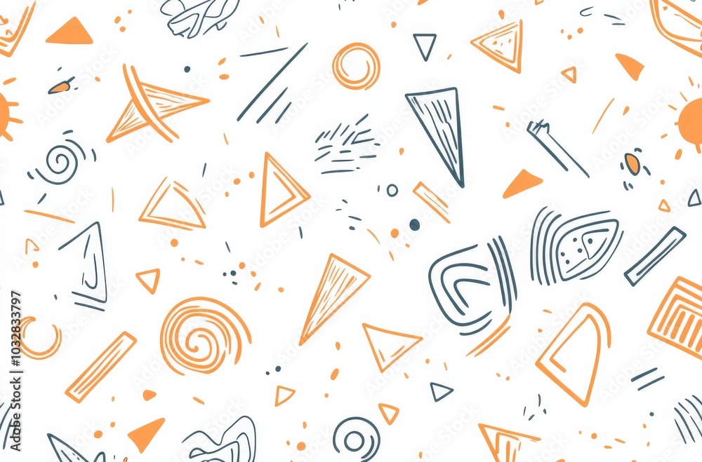 orange and blue pattern featuring simple line drawings of various ...