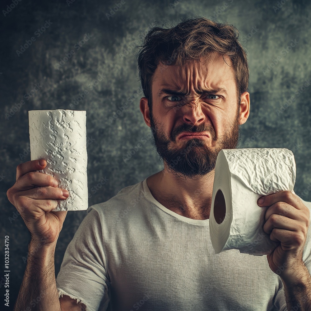 Confused man comparing thin and large toilet paper rolls in frustration ...