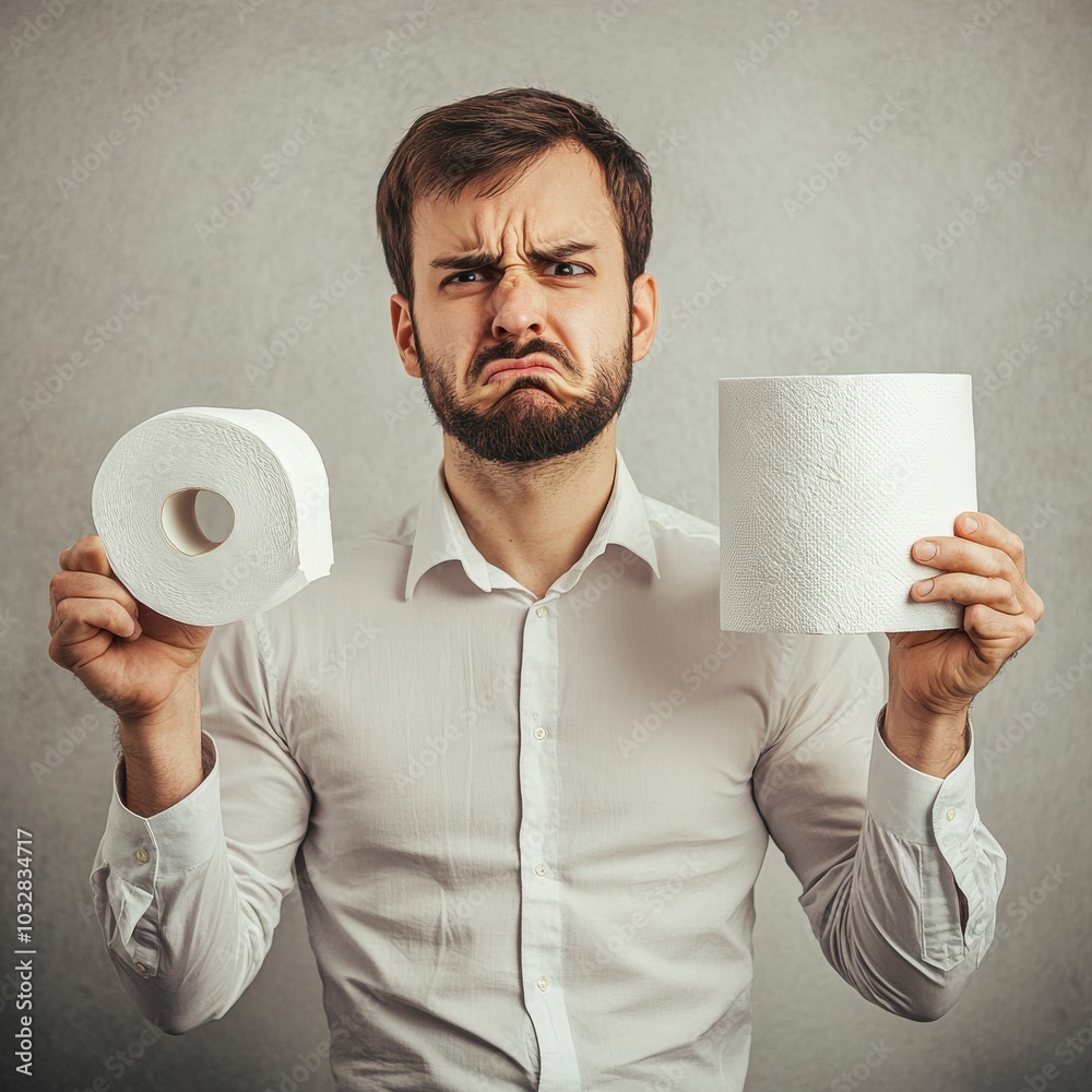 Confused man comparing thin and large toilet paper rolls in frustration ...