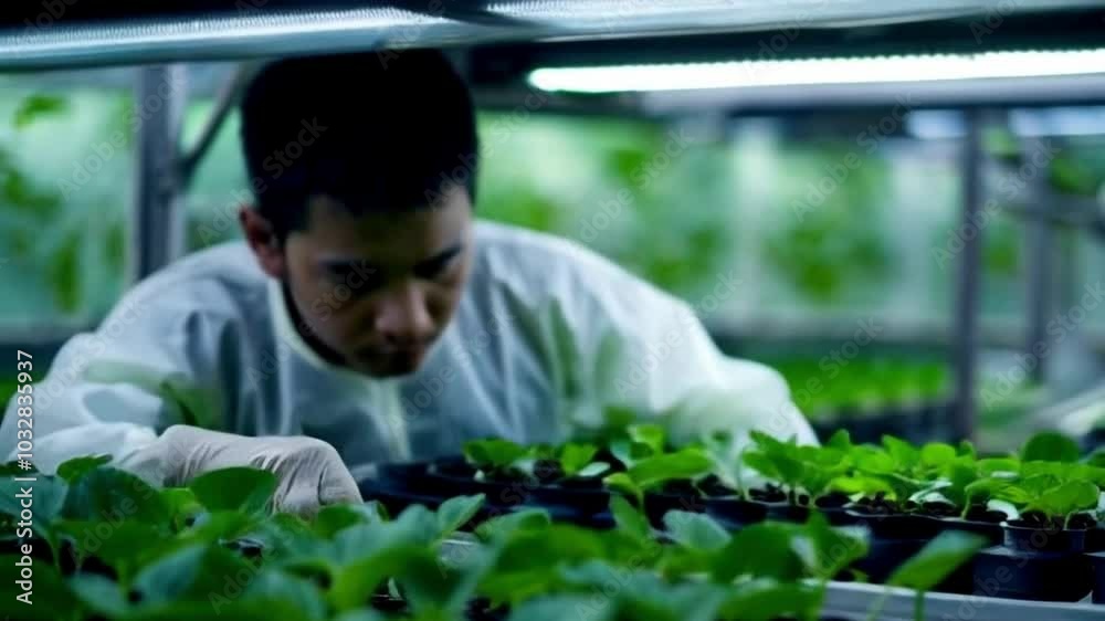agronomic engineer conducting seedling inspections in modern vertical ...