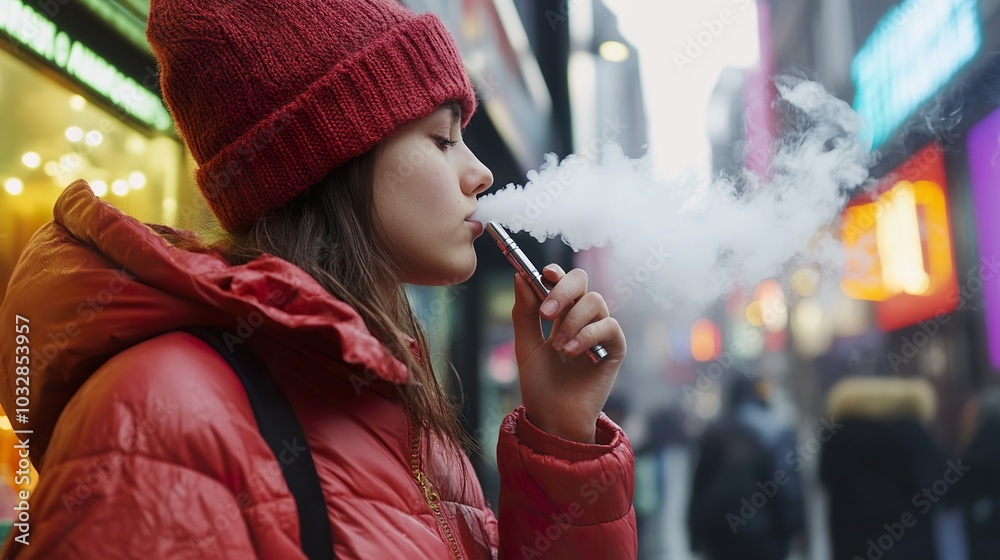 Young woman in red puffer jacket and beanie exhales a large cloud of ...