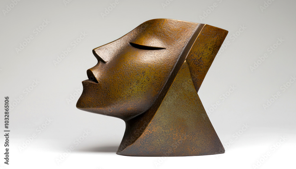 A bronze sculpture of a stylized human head, exhibiting smooth lines ...