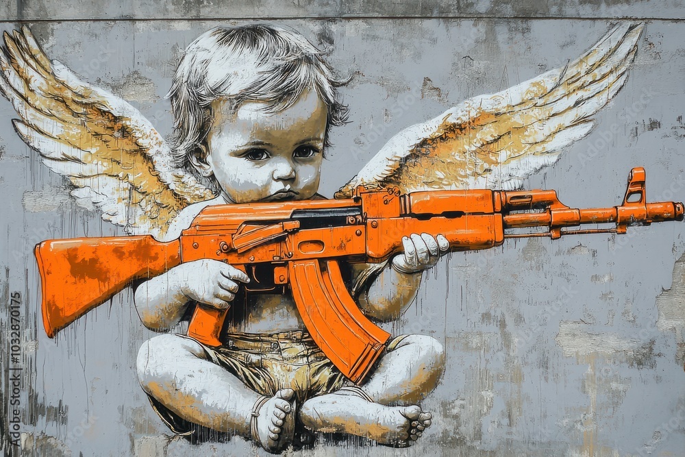 Street art depicting a baby angel with wings holding an orange AK-47 on ...