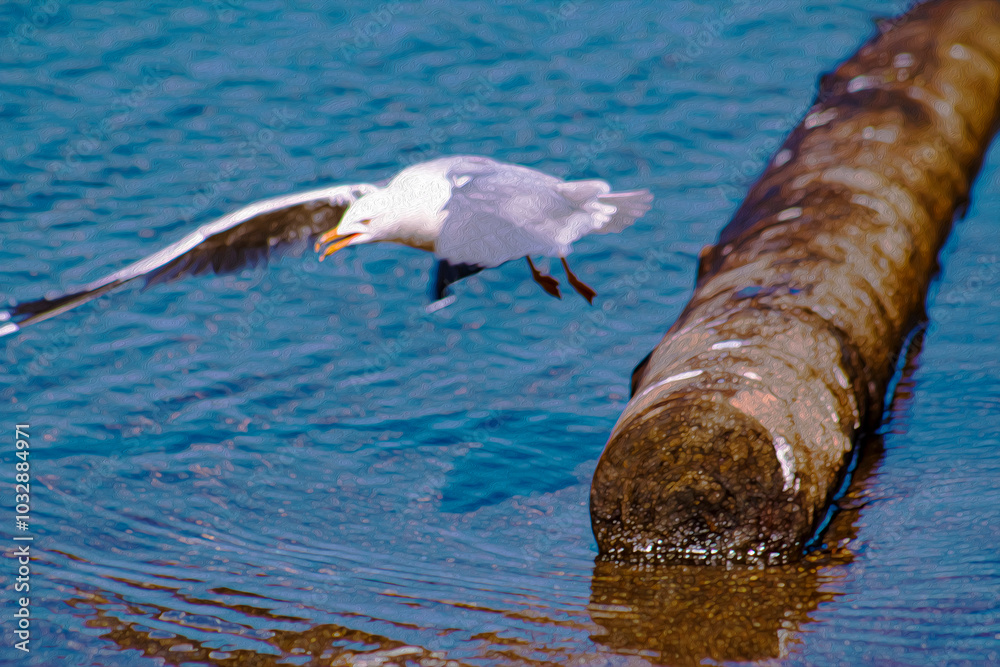 Seagull w/ Its Long Wingspan Flies off of Waterlogged Log in Blue ...