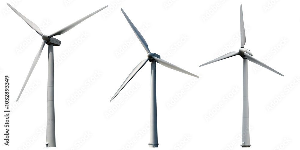 Set of wind turbines of different positions on white or transparent ...