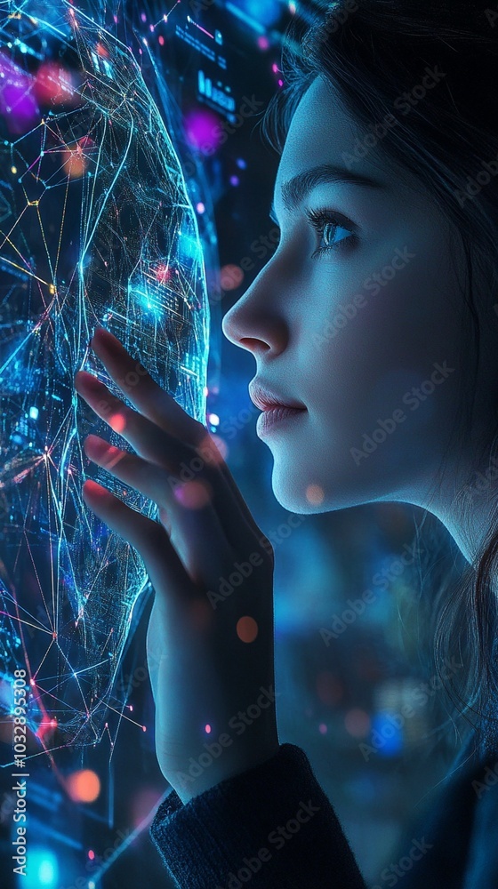 Futuristic profile of a woman interacting with a glowing network of ...