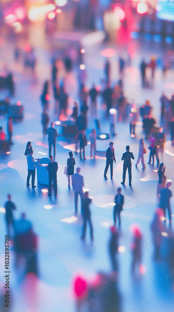 Miniature figures of people standing on a reflective surface with ...