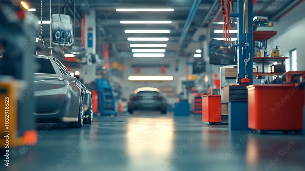 Modern auto repair shop interior with sleek cars, vibrant tool cabinets ...